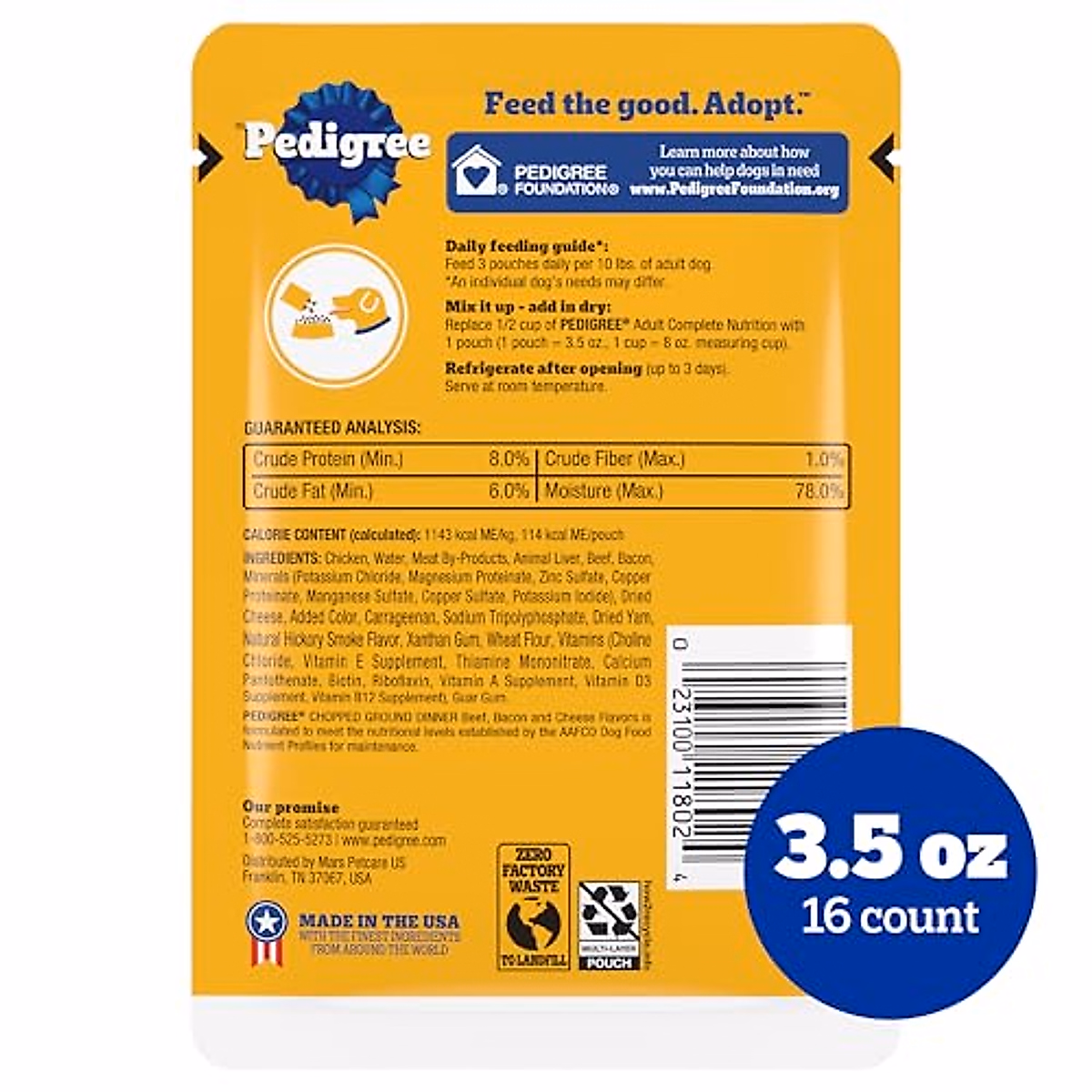 PEDIGREE CHOPPED GROUND DINNER Adult Soft Wet Dog Food, Beef, Bacon & Cheese Flavors, 3.5 oz Pouches, 16 Pack