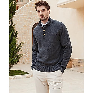 Kallspin Men's Pullover Sweater Wool Midweight Mock Neck Quarter-Button Long Sleeve Pullover(Charcoal Large)