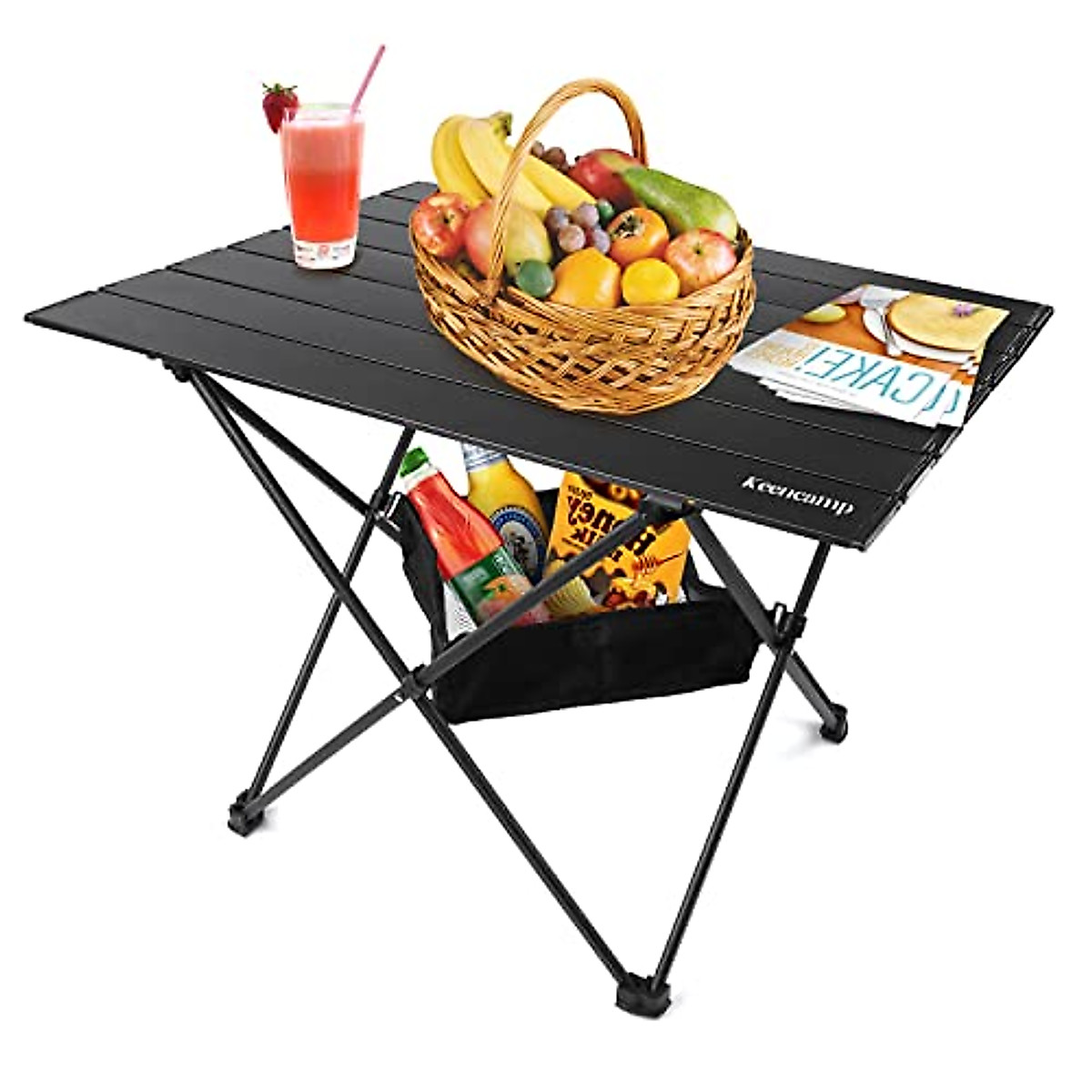Keencamp Beach Table Compact Camping Folding Table Ultralight with Storage Portable Aluminum Outdoor Coffee Table Foldable for Travel Picnic Cooking Black 22" D x 15.82" W x 15.82" H