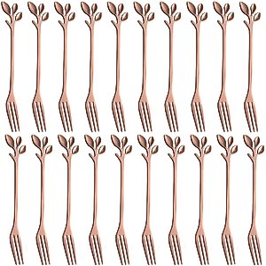 AnSaw Elegant Stainless Steel Dessert Forks, 20-Pc Set - Rose Gold Mini Leaf Design, 4.7" Perfect for Fruit, Appetizer, Cake & Salad, Ideal for Cocktail Parties & Home Use