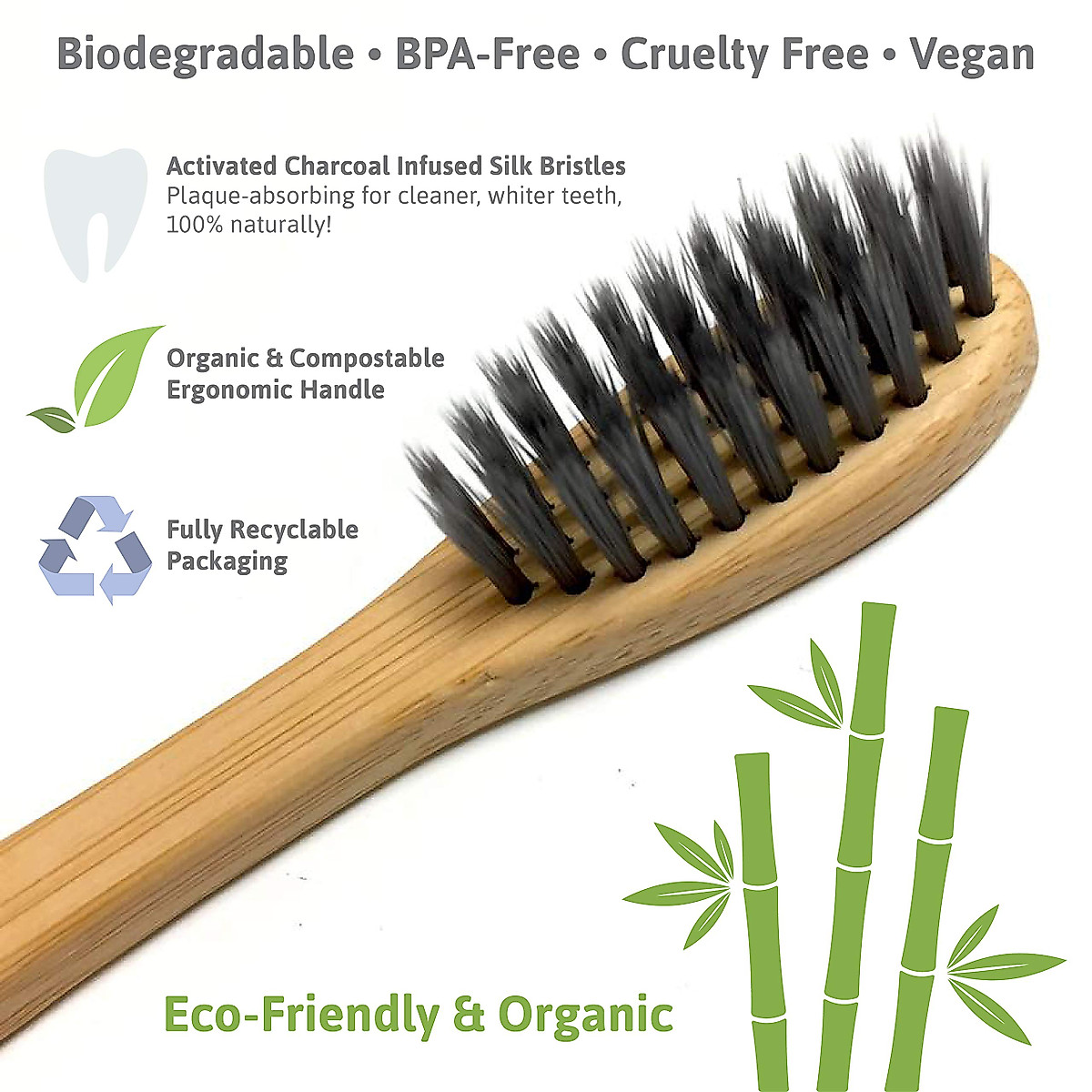 More of Me to Love BPA-Free, Biodegradable, Organic Bamboo Toothbrush - Charcoal Infused Naturally Whitening Bristles, Pressed Glue-Free Bristles, Environmentally Friendly (16-Pack)