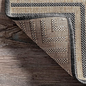 nuLOOM 7' Round Outdoor Area Rug, Casual Design With Striped Border, Stain Resistant, Highly Durable, For Patio, Balcony, Bedroom, Living Room, Dining Room, Bathroom, Dark Grey