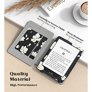MoKo Case for 6.8" Kindle Paperwhite (11th Gen 2021) and Kindle Paperwhite Signature Edition, Slim PU Shell Cover Case with Auto-Wake/Sleep for Kindle Paperwhite 2021 E-Reader, Black & White Magnolia