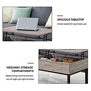 Yaheetech Lift Top Coffee Table with Hidden Storage Compartment, Farmhouse Wooden Center Table with 2 Way Raisable Tabletop & Gas Lift Mechanism for Living Room Reception Room,Gray
