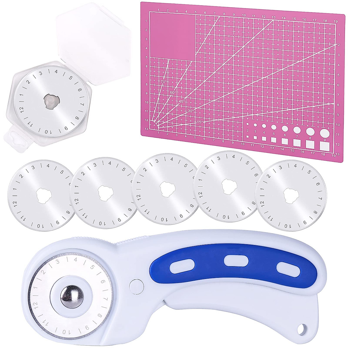 45mm Rotary Cutter with 5 Pcs Rotary Cutter Blades and A5 Cutting Mat, Rotary Cutter for Fabric, Rotary Cutter Set for Quilting Sewing Arts Crafts, Sharp and Durable