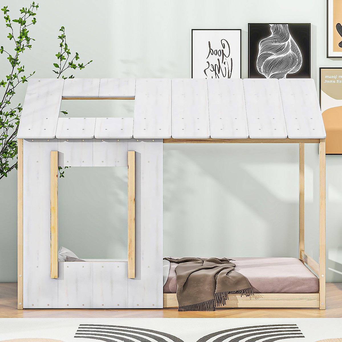 THINK 30 House Platform Bed, Platform Bed with Roof and Window, Twin Size, White+Natural