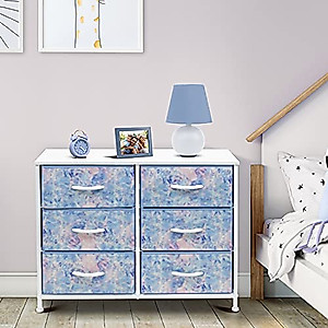 Sorbus Dresser with 6 Drawers - Furniture Storage Chest for Bedroom Tower Unit Furniture, Hallway, Closet, Office Organization - Steel Frame, Wood Top, Tie-dye Fabric Bins (6-Drawer, Pink/Blue)