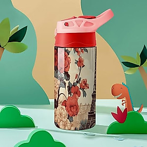 Stainless Steel Water Bottles Paris Vintage Floral Travel Water Cups with Handle And Silicone Straw Drinking Cup with Leak Proof Lid Thermo Travel Mug for Women Men