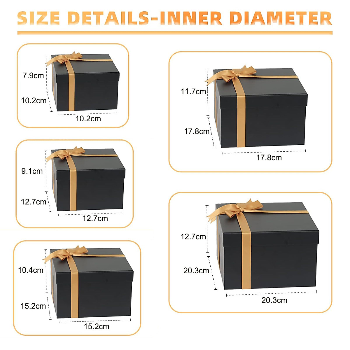 5 Pack Square Nesting Gift Boxes with Lids for Presents, Black Gift Box with Filler Ribbon Card Tag, Bridesmaid Proposal Stacking Gift Box for Gift Wrapping Wedding Birthday Party Valentine's Day Christmas (5PCS, Black)