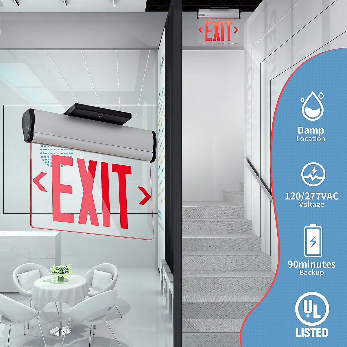 TANLUX Red Exit Signs for Business, LED Edge Lit Exit Sign, UL 924, Hardwired Emergency Exit Lights with Battery Backup, Aluminum Housing with Rotating Acrylic Clear Panel, AC 120/277V, 1 Pack