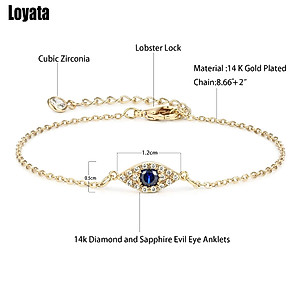 LOYATA Evil Eye Anklet For Women 14K Gold Plated Tiny Bead Anklet Dainty Blue Cubic Zirconia Evil Eye Foot Chain Lucky Multi Colored Evil Eye Foot Jewelry (Evil)