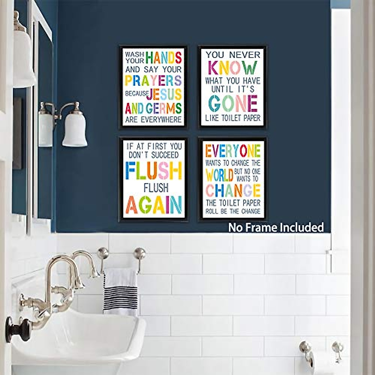 KAIRNE Funny Bathroom Quote Art Print, Set of 4 (8X10, Unframed) Colorful Inspirational Words Painting,Bathroom,Toilet,Washroom Rule Canvas Wall Art