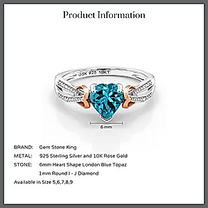 Gem Stone King 925 Silver and 10K Rose Gold 6MM Heart Shape Gemstone Birthstone and Diamond Engagement Ring | Wedding Anniversary Promise Ring For Women | Available In Size 5, 6, 7, 8, 9
