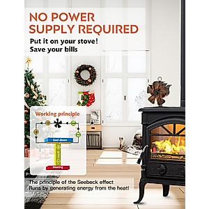 CUCRSE Wood Stove Fan Heat Powered, 5 Blade, Eco Thermoelectric Fan Non Electric with Integrated Thermometer for Wood Burning Stove/Gas/Pellet/Log/propane