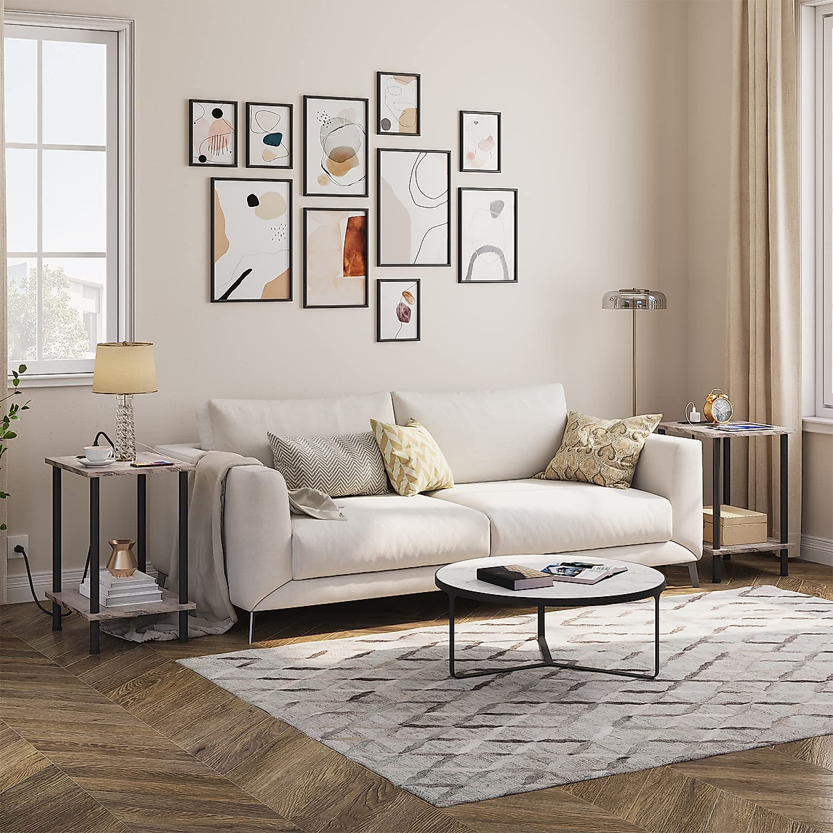 HOOBRO Side Table with Charging Station, End Table with USB Ports and Outlet, Nightstand with 2-Layer Storage Shelves for Small Spaces, Living Room, Bedroom, Stable Frame, Greige and Black BG09UBZ01