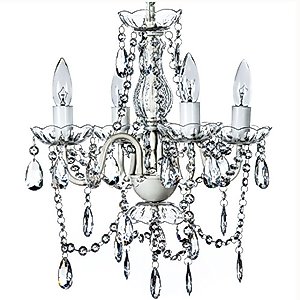 gypsy color The Original 4 Light Crystal White Hardwire Flush Mount Chandelier H17.5”xW15”, White Metal Frame with Clear Glass Stem and Clear Acrylic Crystals & Beads That Sparkle Just Like Glass