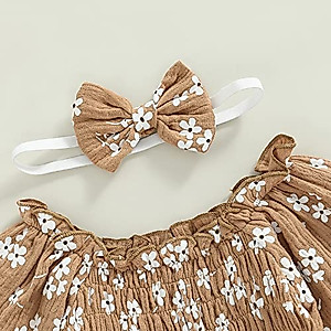 2pcs Infant Baby Girls Romper Headband 0-24M Ruffles Long Sleeve Off Shoulder Flowers Printed Sweet Jumpsuit (Brown, 0-6 Months)