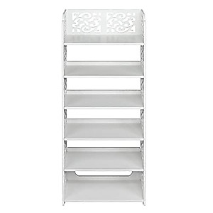 Stylish 6 Tier Wood-Plastic Shoe Rack Organizer with Carved Design - Elegant White Decorative Closet Shoe Storage Rack