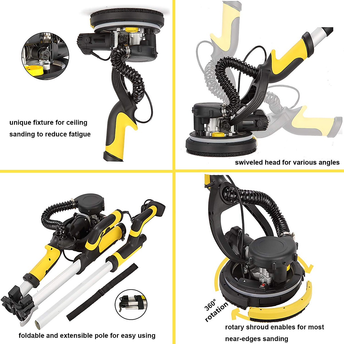 CUBEWAY Drywall Sander with Vacuum Attachment, Innovative Fixture for Ceiling Sander, Electric Drywall Sander with LED Light, Variable Speed and ETL Listed