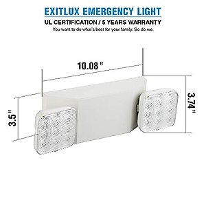 EXITLUX 1 Pack LED Emergency Lighting Fixture with 2 LED Heads-Hardwired Adjustable White Commercial Emergency Lights with Battery Backup for Power Failure