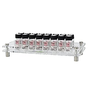 Rare Earths Metals Set 16 Elements Scandium to Lutetium in Labeled Glass Vial with Acrylic Table
