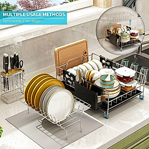 slhsy Dish Drying Rack, Stainless Steel 2-Tier Dish Rack with Cup Holder Utensil Holder Cutting Board Holder Knife Holder Drain Board for Kitchen Counter