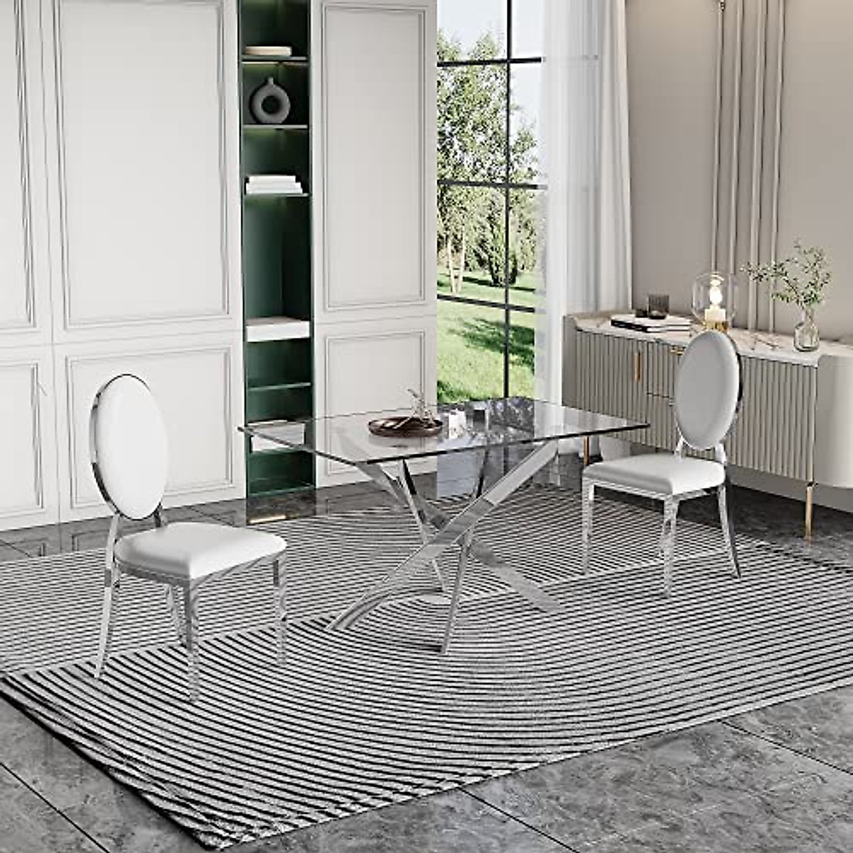 Yoluckea Modern Rectangular Glass Table Tempered Glass Dining Table with Stainless Steel Base Clear Beveled Edges Glass Kitchen Table for Home Kitchen Dining Room 51.20"W x 31.50"D x 29.50"H Silver
