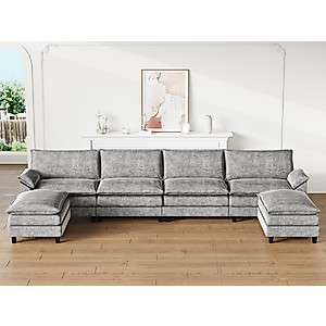 Flamaker Modular Sectional Sofa Couch, Fabric Reversible U Shaped Sofa Couch Cloud Couch with 2 Ottoman, 4-Seat Sectional Sofa Couches for Living Room, Apartment(Grey)
