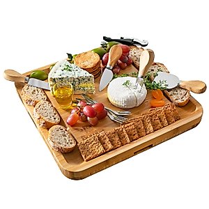 Bamboo Cheese Board – 13 x 13 inches Charcuterie Board with Accessories – Includes 4 Cheese Knives & Forks and Wine Opener - Magnetic Drawer – Ideal for Cheese, Fruit, Wine, Meat