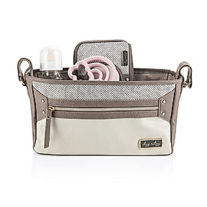 Itzy Ritzy Adjustable Stroller Caddy - Stroller Organizer Featuring Two Built-in Pockets, Front Zippered Pocket and Adjustable Straps to Fit Nearly Any Stroller, Vanilla Latte