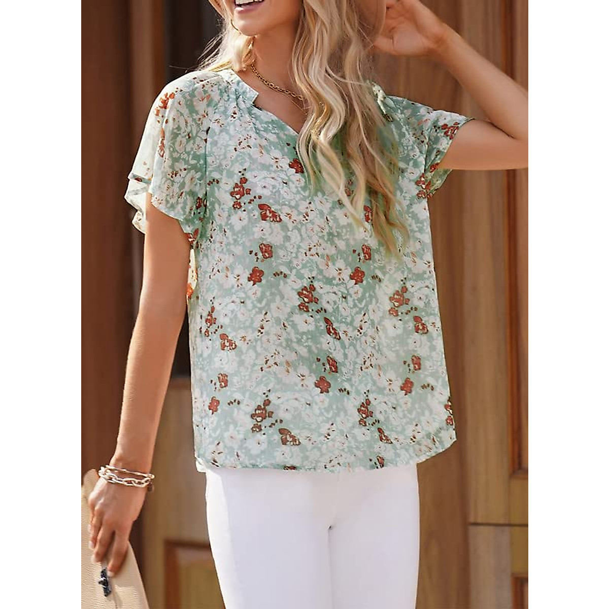 Dokotoo Womens Boho Tops and BlousesV Neck Floral Cap Sleeve Ladies Flowy Ruffle Summer Shirts Medium Green