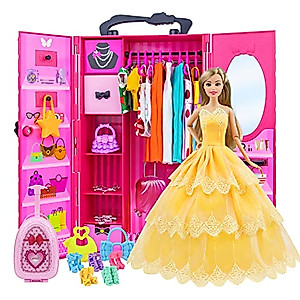 ZITA ELEMENT 11.5 Inch Girl Doll Closet Wardrobe with Clothes and Accessories Set 101 Pcs Including Wardrobe Suitcase Clothes Dresses Swimsuits Shoes Hangers Necklace Bags and Other Stuff