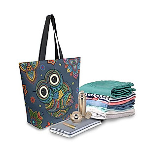 Women Top Bag Handle Handbags Shoulder Bag Tribal Ethnic Owl Boho Floral Tote Washed Canvas Purses Bag(227cr4a)