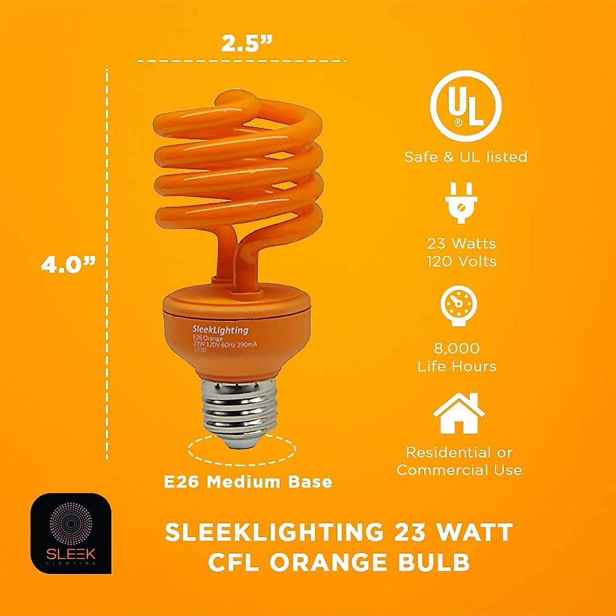 SLEEKLIGHTING 23 Watt T2 Orange Light Spiral CFL Light Bulb, UL Approved-, E26 Medium Base-Energy Saver (Pack of 4)