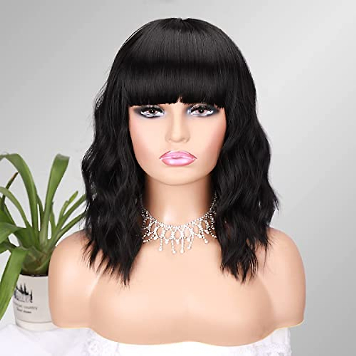 forfeels Short Wavy Black Wig with Bangs Bob Short Charming Curly Wavy Wig Women Synthetic Natural Looking Heat Resistant Fiber Hair for Women (14inch)