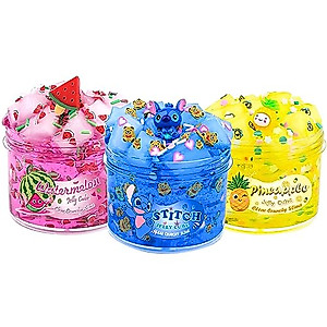 Keemanman Slime Kit - 3 Pack Jelly Cube Clear Crunchy Slime with Stitch, Watermelon and Pineapple Charms, Preppy and Aesthetic Stuff, Cute Stress Toys and Cool Birthday Gifts Ideas for Girls and Boys