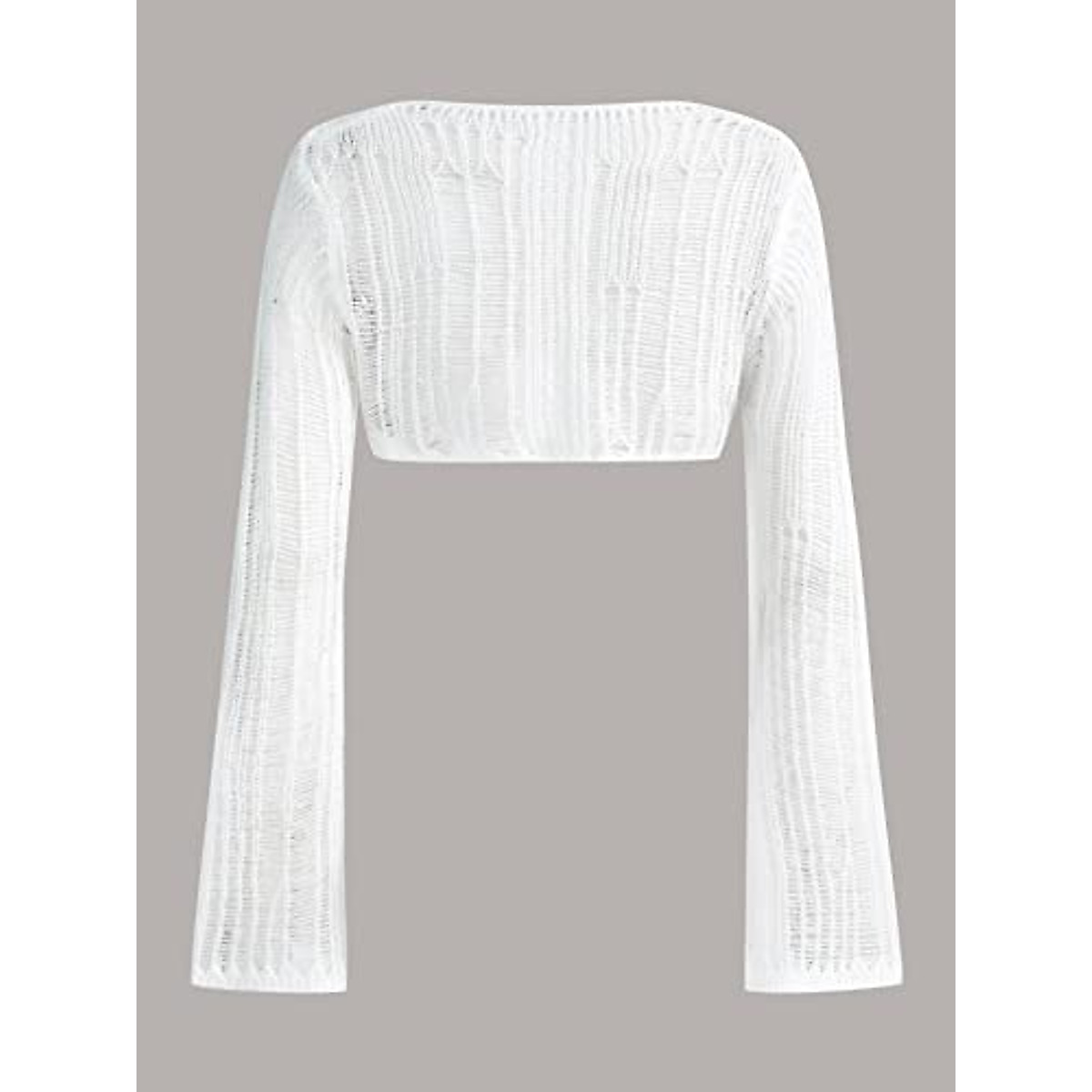Verdusa Women's Hollow Out Sheer Long Sleeve Sweater Knit Crop Pullover Top White L