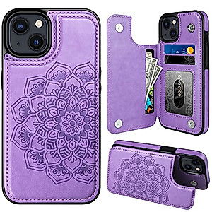 MMHUO for iPhone 14 Case with Card Holder, Flower Magnetic Back Flip Wallet Case for Women, Protective Case Phone Case, Purple