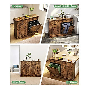 TC-HOMENY Tilt Out Trash Cabinet with Drawer, Free Standing Trash Can Cabinets, Manual and Auto Mode Shutdown Cabinet Door, Recycling Can Cabinet Home, Kitchen, Living Room