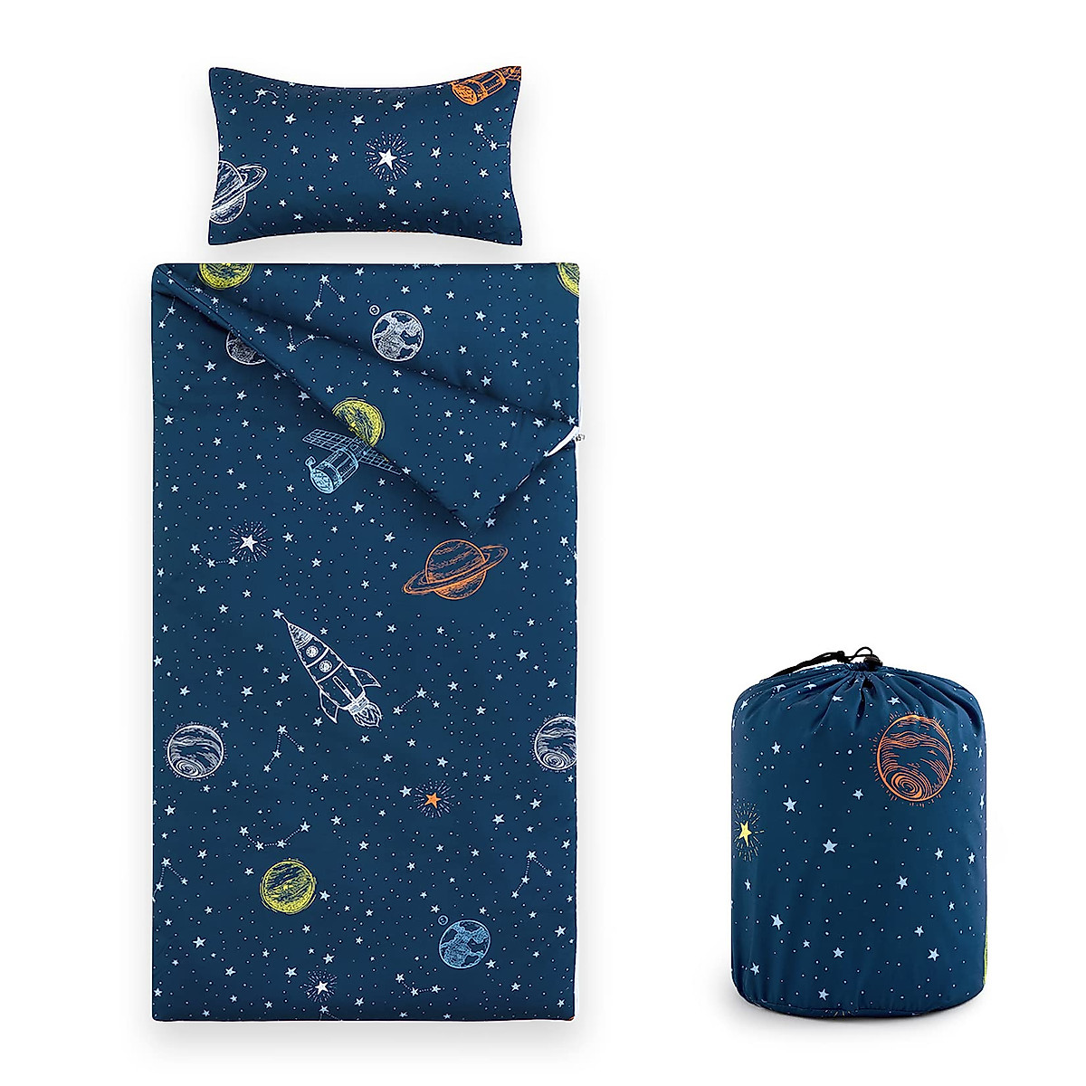 Wake In Cloud - Sleeping Bag Zippered, Nap Mat with Matching Pillow for Kids Boys Girls Sleepover Overnight Travel Slumber Bag, Rockets Stars Galaxy Space Planet on Navy Blue, 100% Soft Microfiber