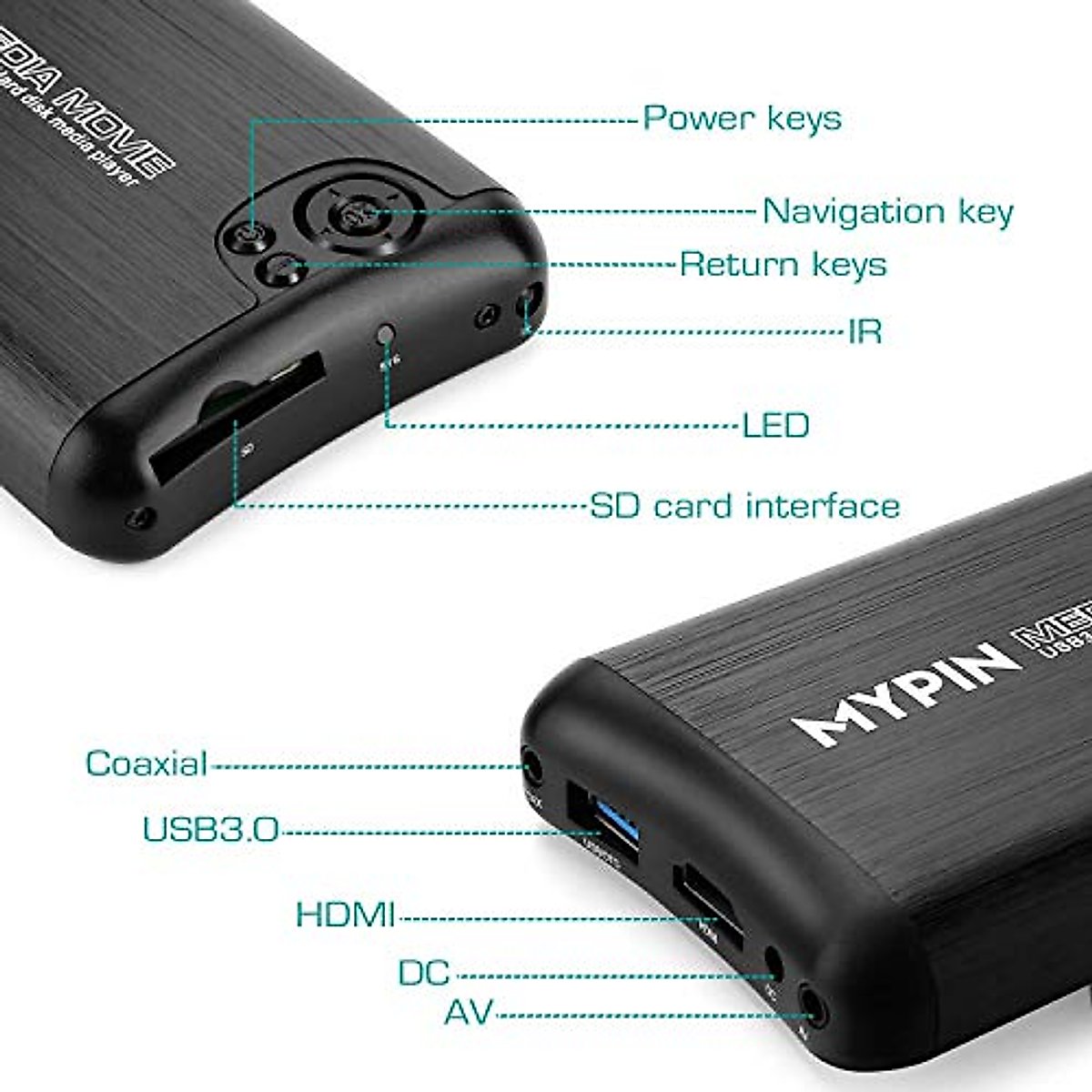 1080P USB3.0 HDMI Media Player with AV Cable Support 2.5" SATA HDD with HDMI/AV/Coaxial Output, Portable MP4 Player for Videos/Music/Photos from USB Drive/SD Card/Internal or External HDD
