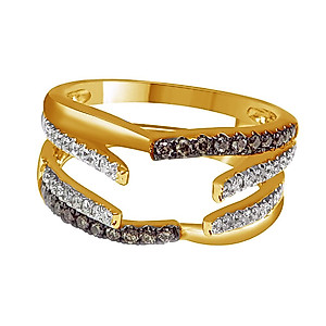 Jewel Zone US Brown & White Natural Diamond Ring Wrap Guard Enhancer in 14K Solid Yellow Gold (0.38 Ct)