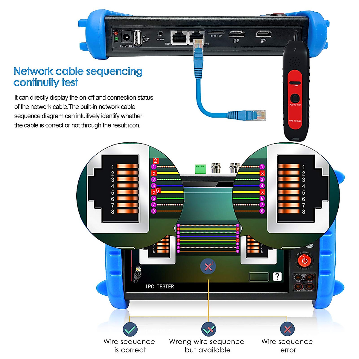 Rsrteng CCTV Camera Tester, IPCXS-ACHIMNORTUV Full Features 7-inch IPS Touch Screen Monitor CCTV Tester with HD-TVI HD-CVI AHD SDI IP Camera Support DMM TDR Features POE WiFi 4K HDMI
