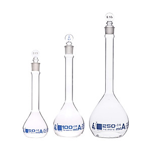EISCO Premium Volumetric Flask Set - 50ml, 100ml & 250ml - Class A, ASTM E288 - Superior Durability & Chemical Resistance - Glass Penny Stoppers - Borosilicate 3.3 Glass