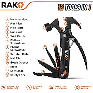 RAK Multitool Hammer - Valentine's Day Gifts For Men - Compact DIY Survival Multi Tool W/Screwdriver, Pliers, Bottle Key, Knife, Saw and More - Backpacking Gear & Camping Accessories