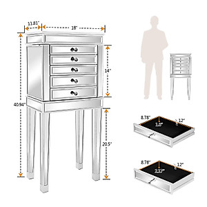 VINGLI Mirrored Jewelry Armoire, Mirror Jewelry Cabinet Standing with 6 Drawers & 2 Side Doors, Jewelry Armoire Cabinet, Standing Jewelry Box, Mirrored Jewelry Chest, Standing Jewelry Box, Silver