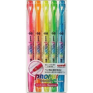 uni Propus Window Double-Sided Highlighter Pen with 4.0 mm/0.6 mm Twin Tip, 5 Color Set (PUS102T5C)