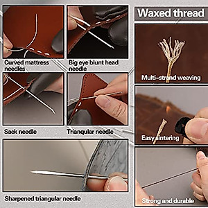 TLKKUE Leather Working Tools Leather Sewing Kit Leather Craft Tools with Storage Bag, Groover, Stitch Wheel, Waxed Threads, Awl, Needles, Manual, Leather Making Kit for DIY Sewing Craft Projects