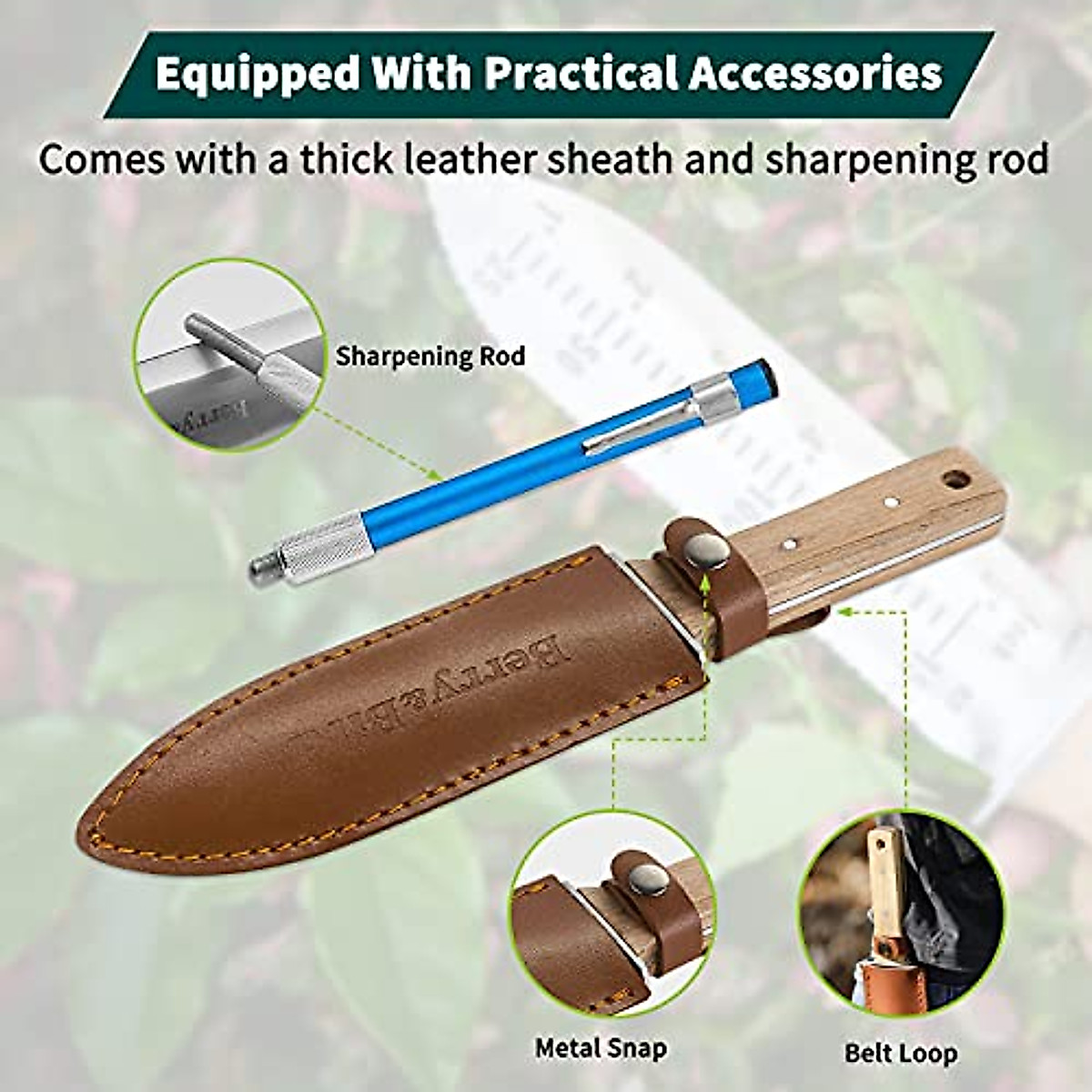 Berry&Bird Hori Hori Garden Knife, Gardening Knife with 7" Stainless Steel Serrated Blade, Japanese Gardening Tool with Leather Sheath and Sharpening Stone for Weeding, Digging, Cutting & Planting