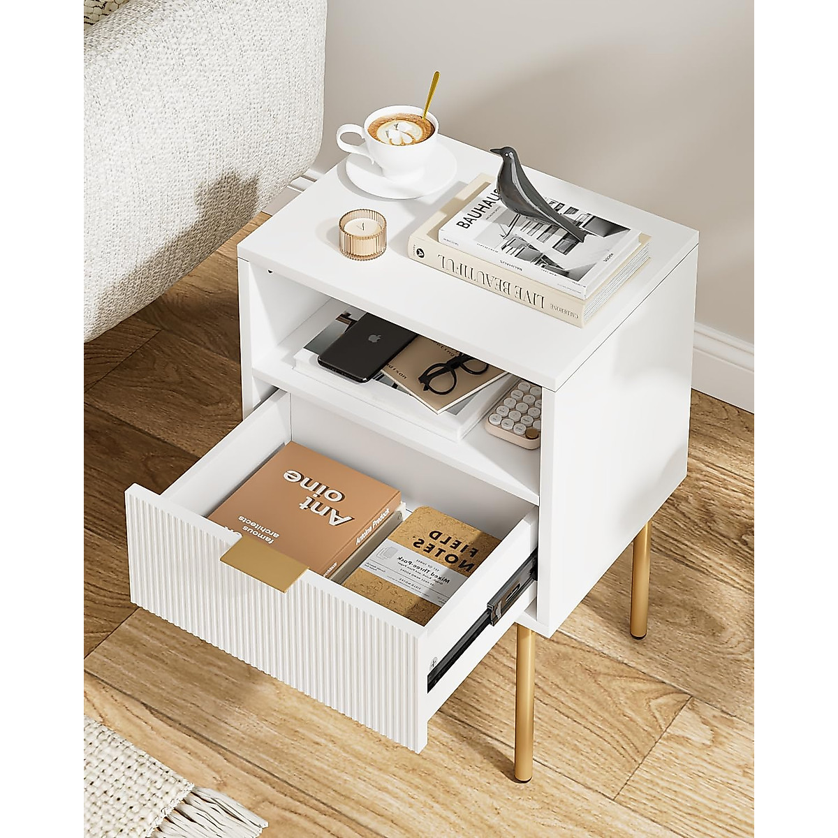 Aienvey Nightstand, Drawer Night Stand for Bedroom, Small Side Table with Drawer, Bedside Furniture, End Table with Gold Frame for Bedroom, Living Room (White Stripe, 1 Drawer)